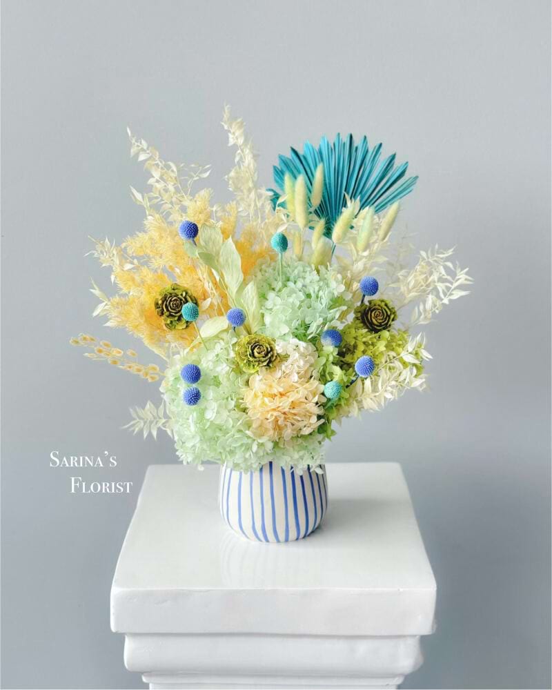Blue And Green Preserved Flower Arrangement