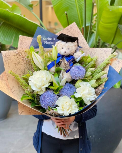 Happy Graduation Flower Bouquet Blue & White | Sarina's Florist